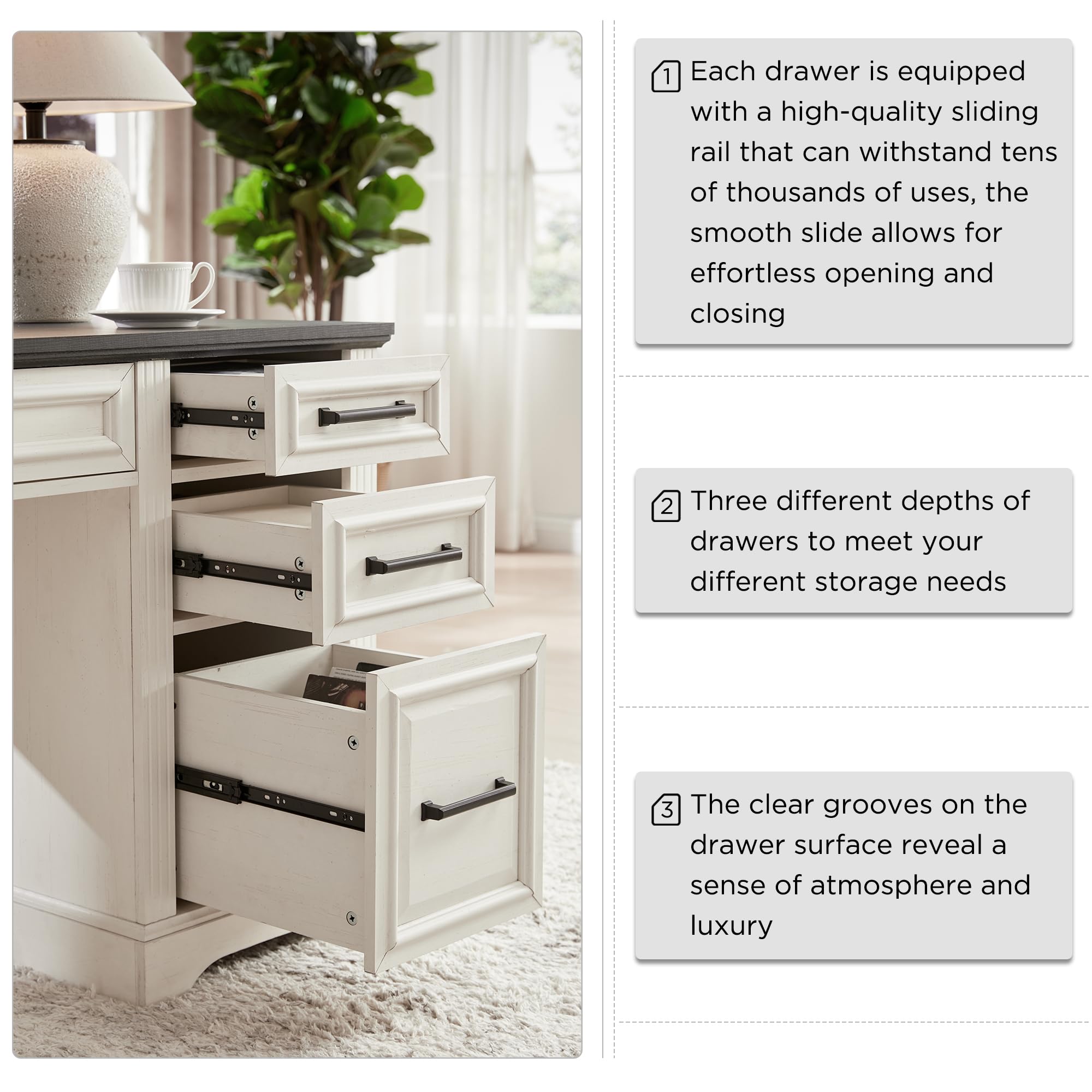 JXQTLINGMU 58" Executive Desk, Farmhouse Computer Desk with Drawers and Cabinet, Embossed Texture Home Office Desk, Workspace for Work Study Writing, Off White