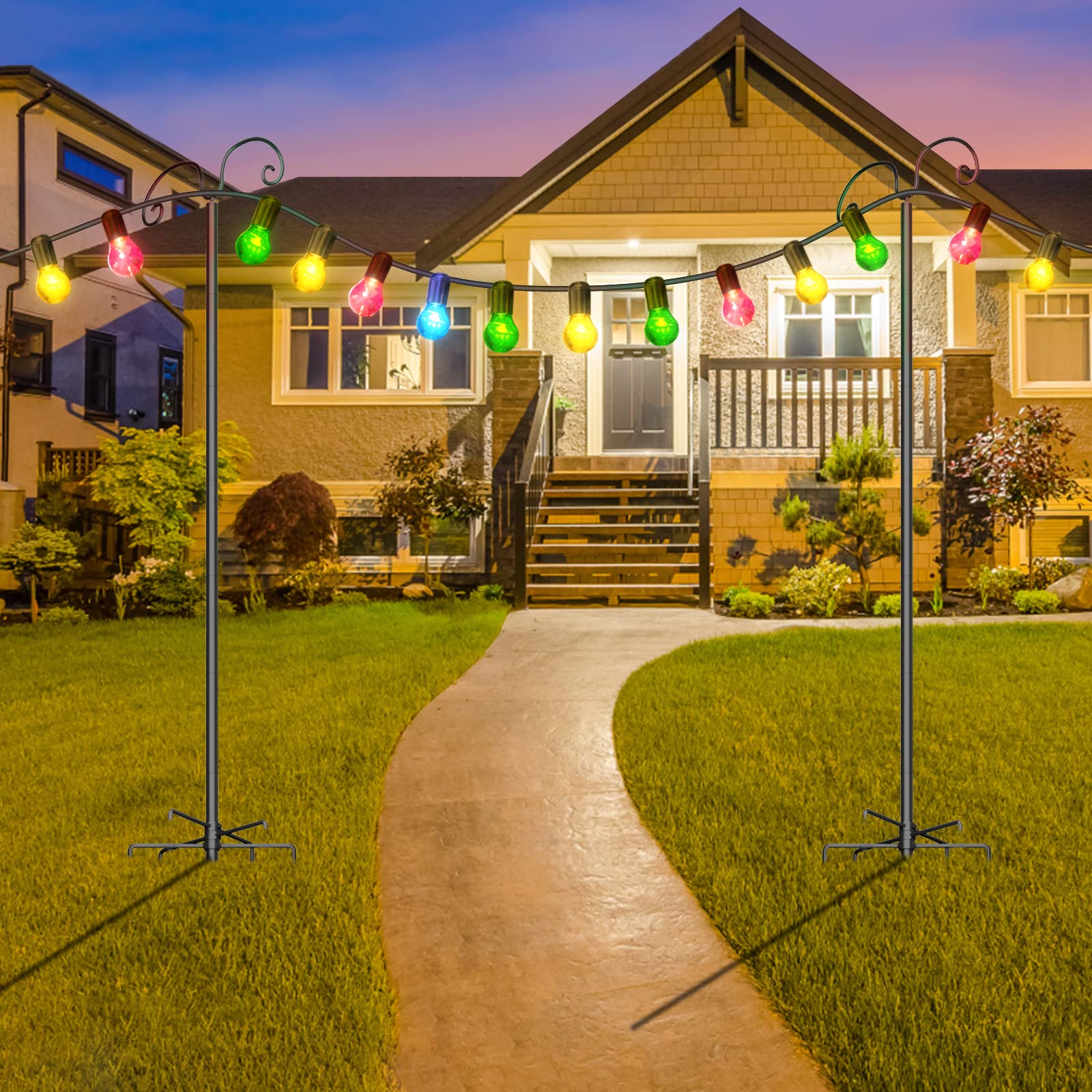 FEIERYA String Light Poles for Outdoor 2 Packs, Double Shepherd Hooks for Outdoor, Heavy Duty Christmas Light Pole, 10ft Bird Feeding Station, 2 Hooks Bird Feeder Stand (Black)