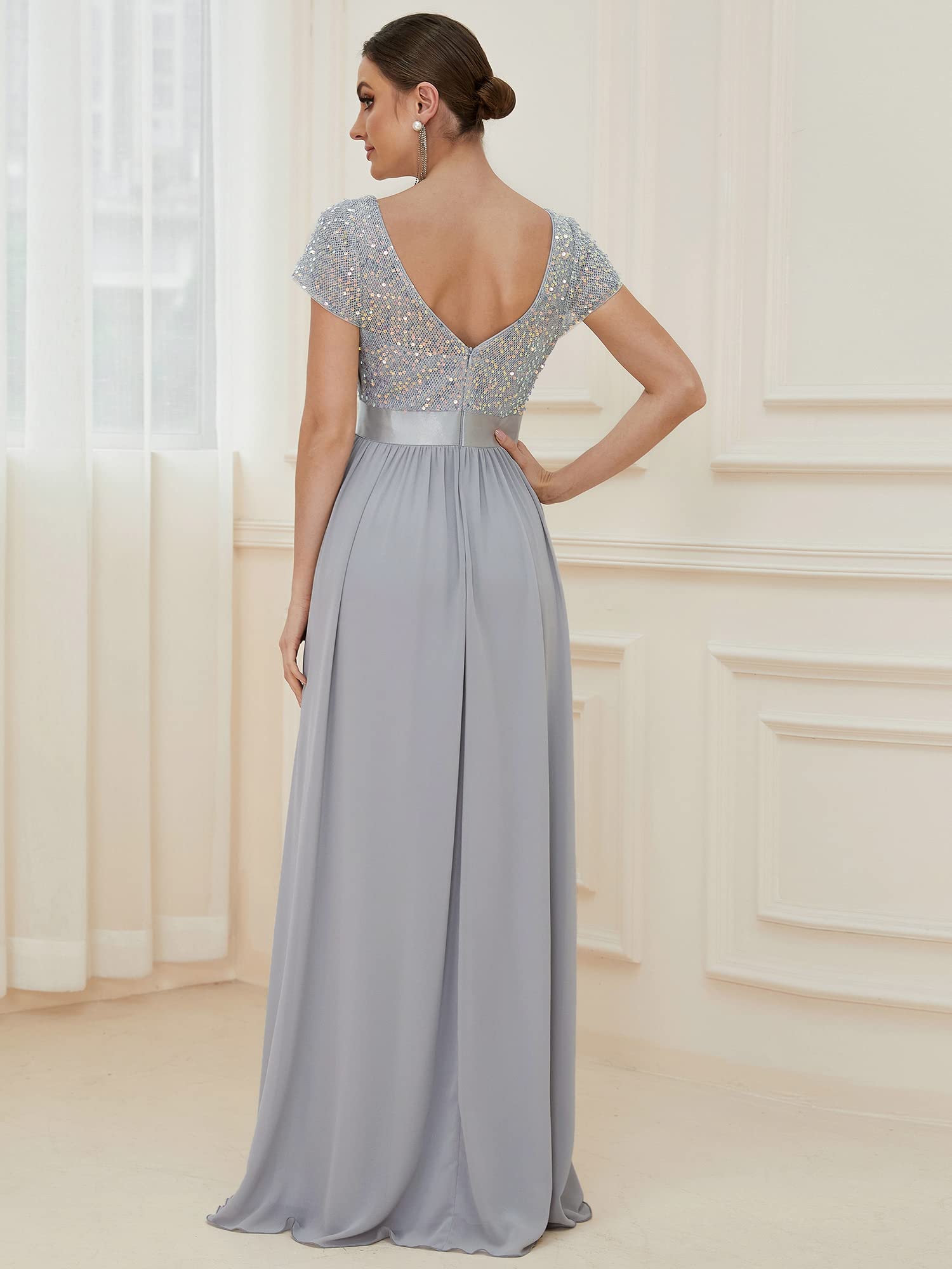 Ever-Pretty Women's Sequin V-Neck A-line Short Sleeves Empire Waist Maxi Evening Party Dress Silver US16