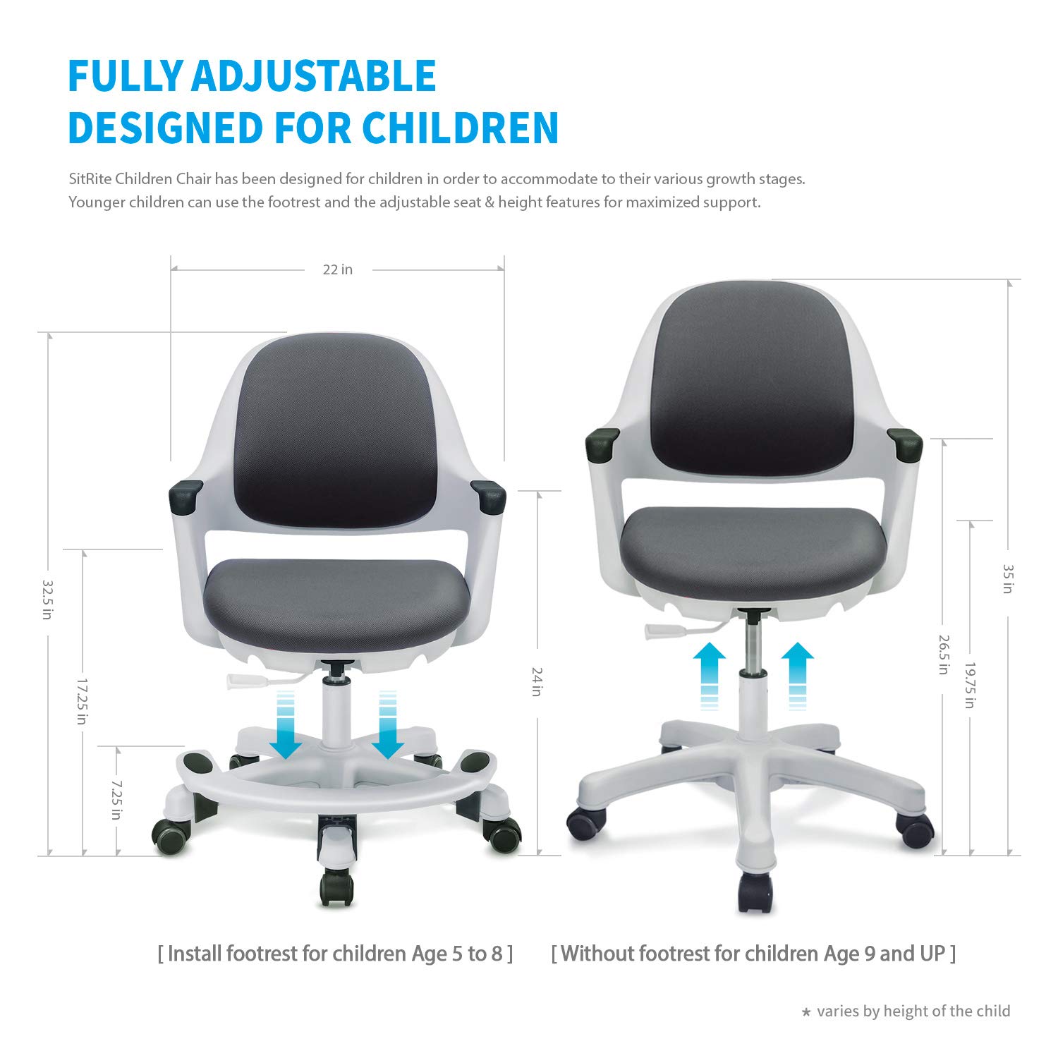 SitRite Ergonomic Kids Desk Chair, Lumbar Support Study Desk Task Chair with Footrest, Height Adjustable Seat, Smooth Rolling Wheels for Student and Children, Cyber Gray