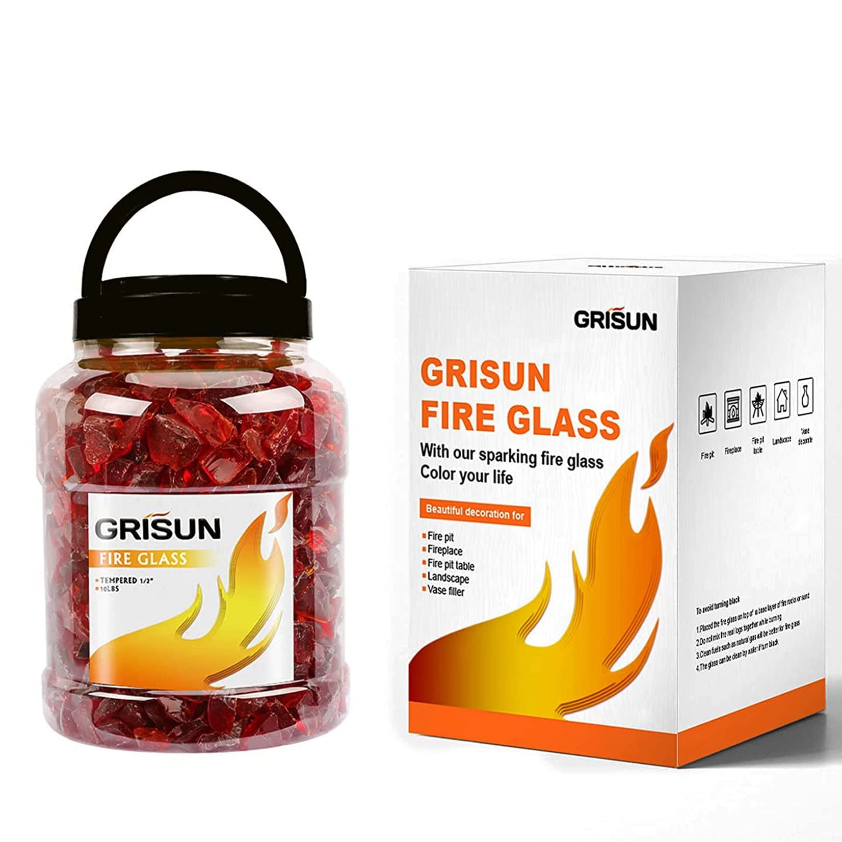 GRISUN Fire Glass for Fire Pit, 1/2 Inch Mix 20 Pounds High Luster Reflective Tempered Glass Rocks for Natural or Propane Fireplace, Safe for Outdoors and Indoors Firepit Glass
