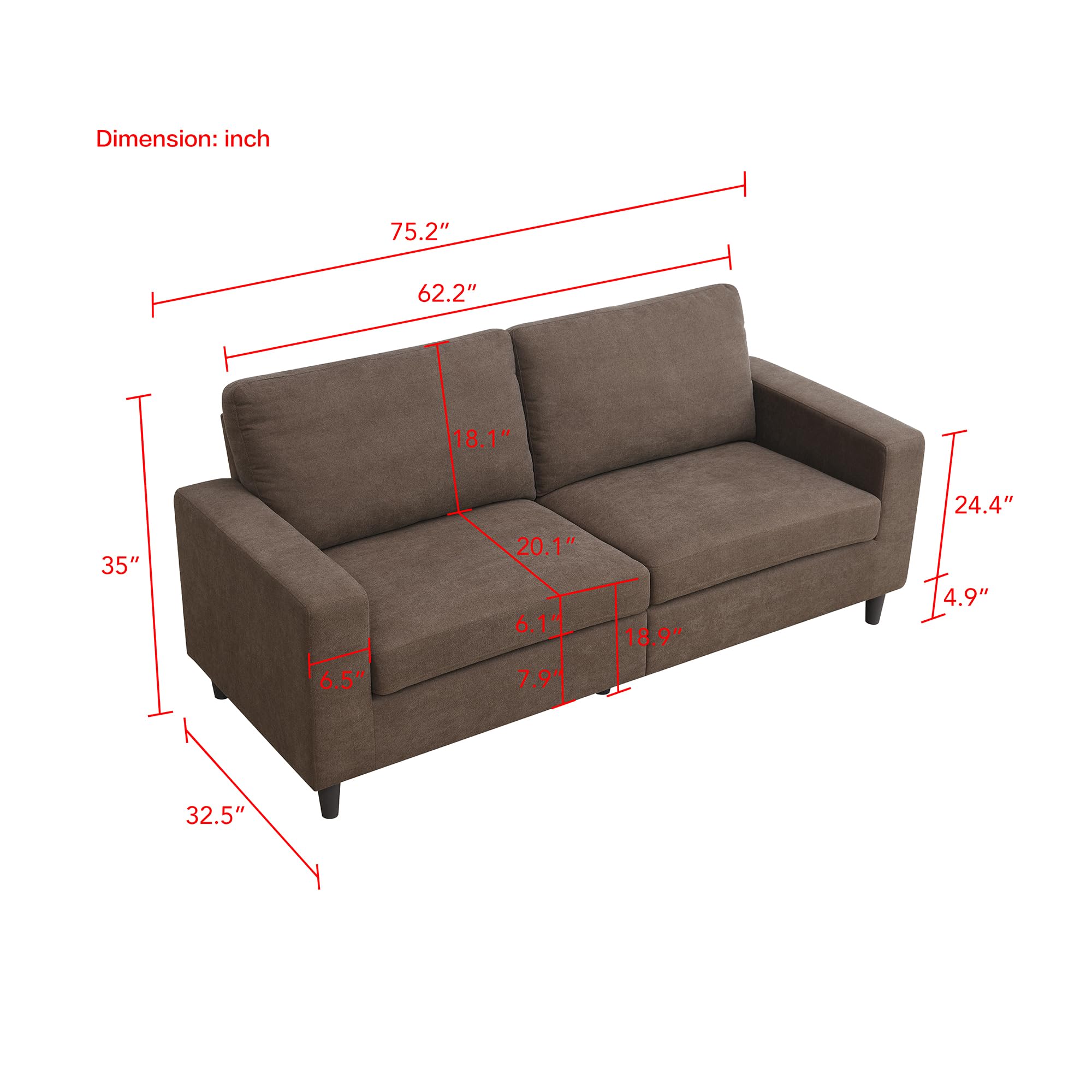LULUTONG 75.2'' Living Room Modern Brushed Fabric Upholstered Sofa, 3 Seater Couch for Apartment, Dorm, Bonus Room, Office, Studio, Living Room, Bedroom, Solid Wood Frame, Easy Assembly - Brown