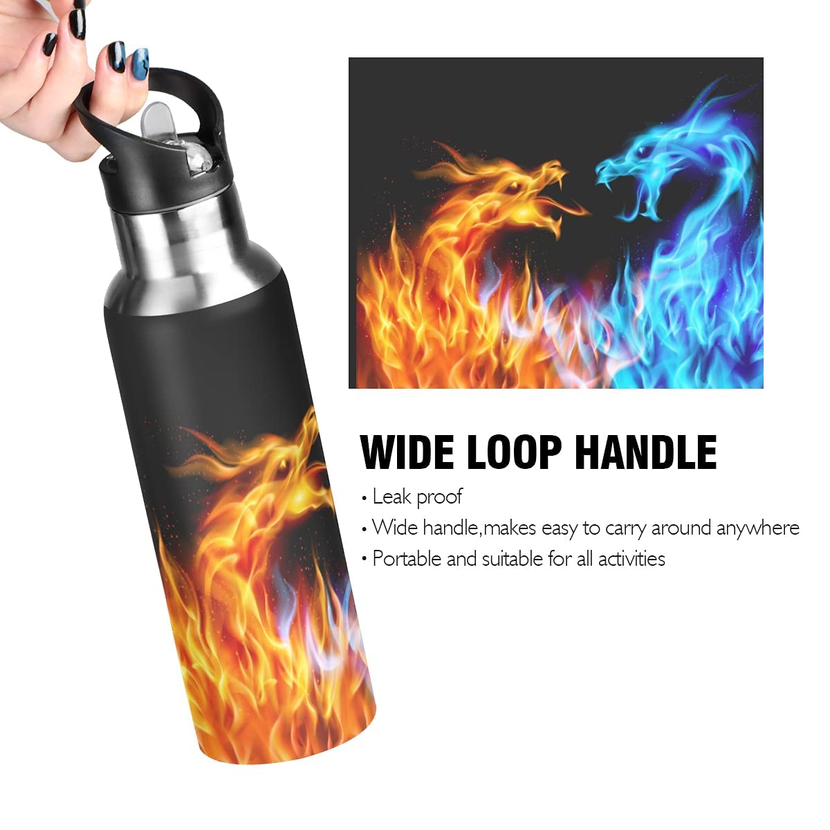 Dragon Water Bottle Kids Fire Dragon Thermos Bottle with Straw Lid for Boys Leakproof Insulated Stainless Steel Water Flask School Bottle 20 oz