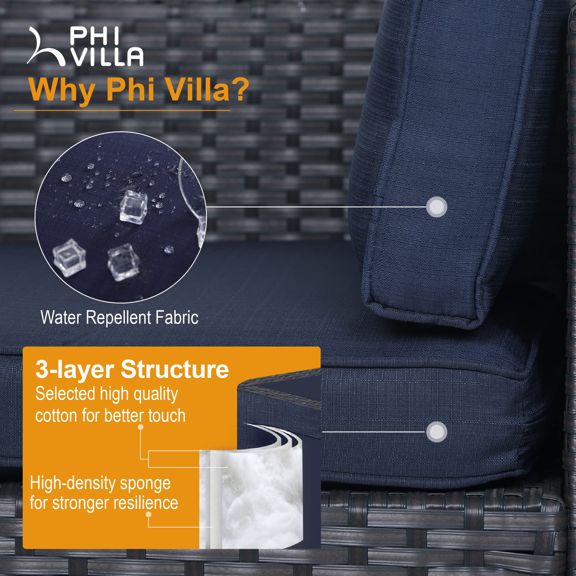 PHI VILLA Outdoor Patio Conversation Set Rattan Sectional Sofa- Small Wicker Patio Furniture Bistro Set 3-Piece, Blue