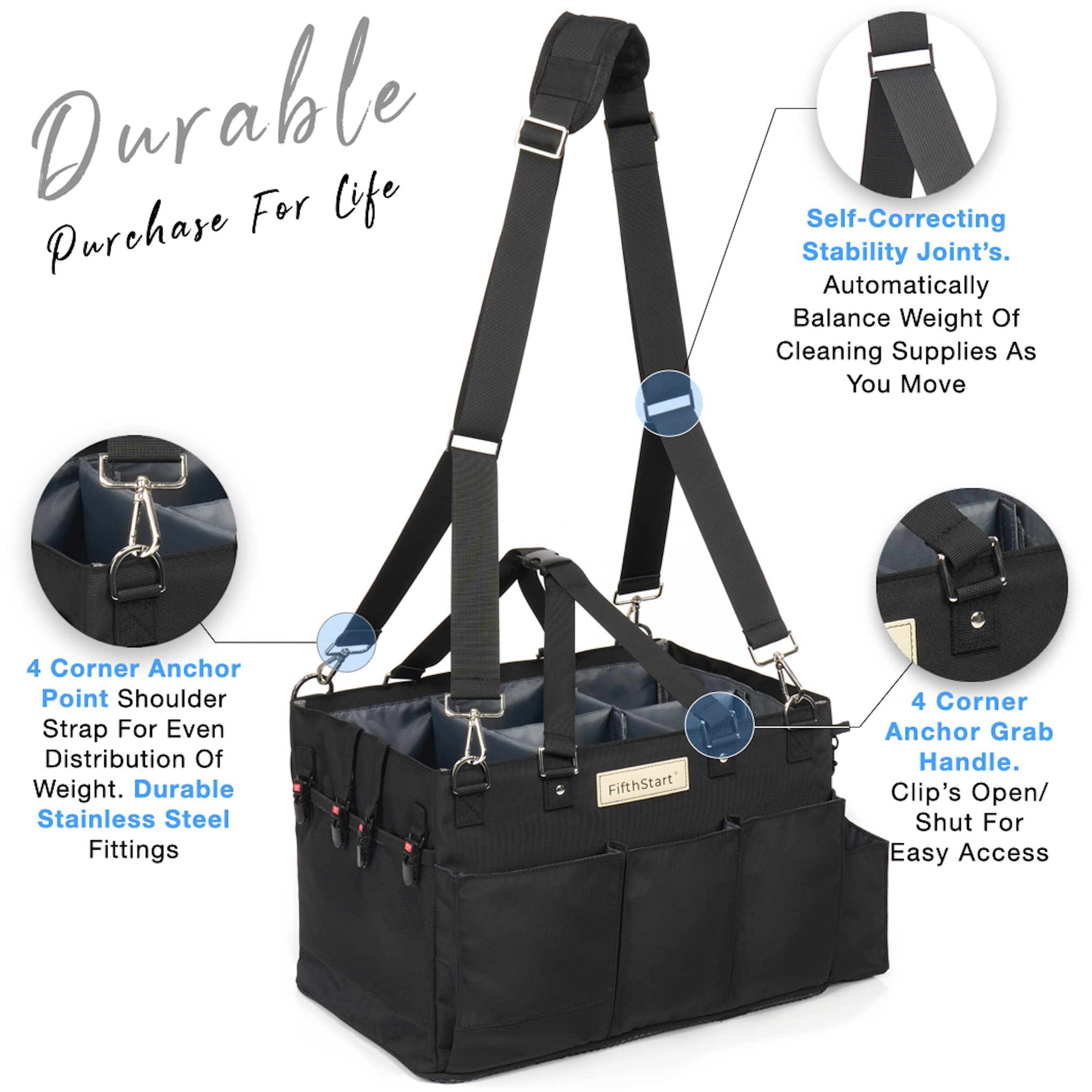 FifthStart Wearable Cleaning Caddy, A Cleaning Supplies Organizer With 4 Corner Shoulder Strap & Removable Waist Strap. Professional Cleaning Caddy Organizer With Handle: (Black, X-Large)