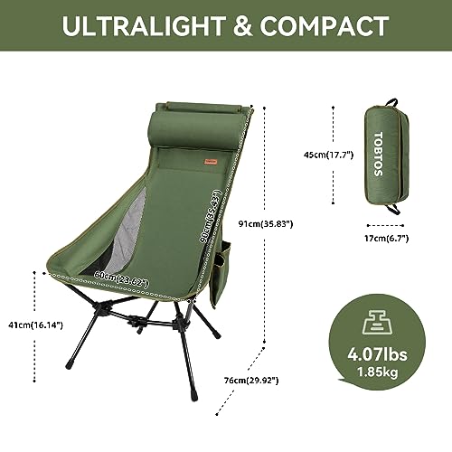 TOBTOS High Back Camping Chair, Lightweight Camping Chair with Headrest, Stable Portable Folding Chair for Outdoor Camp, Hiking, Backpacking (Green)