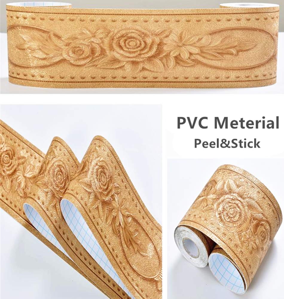 REDODECO 3D Flower Pattern Molding Peel Stick Wall Border for Home Decor Bathroom Kitchen,4 inch by 16.4 feet(Gold)