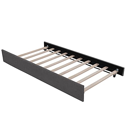 HSBD Full Size Daybed with Trundle, Modern Upholstered Day Bed Linen Fabric Sofa Daybed Frame with A Roll-Out Trundle, No Box Spring Needed, Furniture for Bedroom Living Room Guest Room