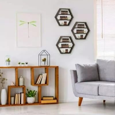 Generic VcJta Wall-Mounted Hexagon Essential Oil Storage Rack Bundle - Set of 3 Shelves for Aromatherapy Collection, Brown, E296017106303