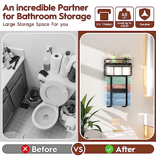 herehomi Floating Shelves for Wall, 2 in 1 Floating Shelves with Towel Racks for Bathroom, Bathroom Shelf Wall Shelf Towel Rack, Bathroom Towel Holder Bathroom Shelf Organizer Wall Mounted, Black