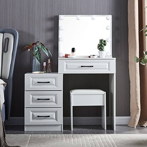 Kkonetoy Makeup Vanity Desk with Lighted Mirror, Dressing Table Set with Stool and Drawers, White, 47" H x 31.5" W x 14.2" W