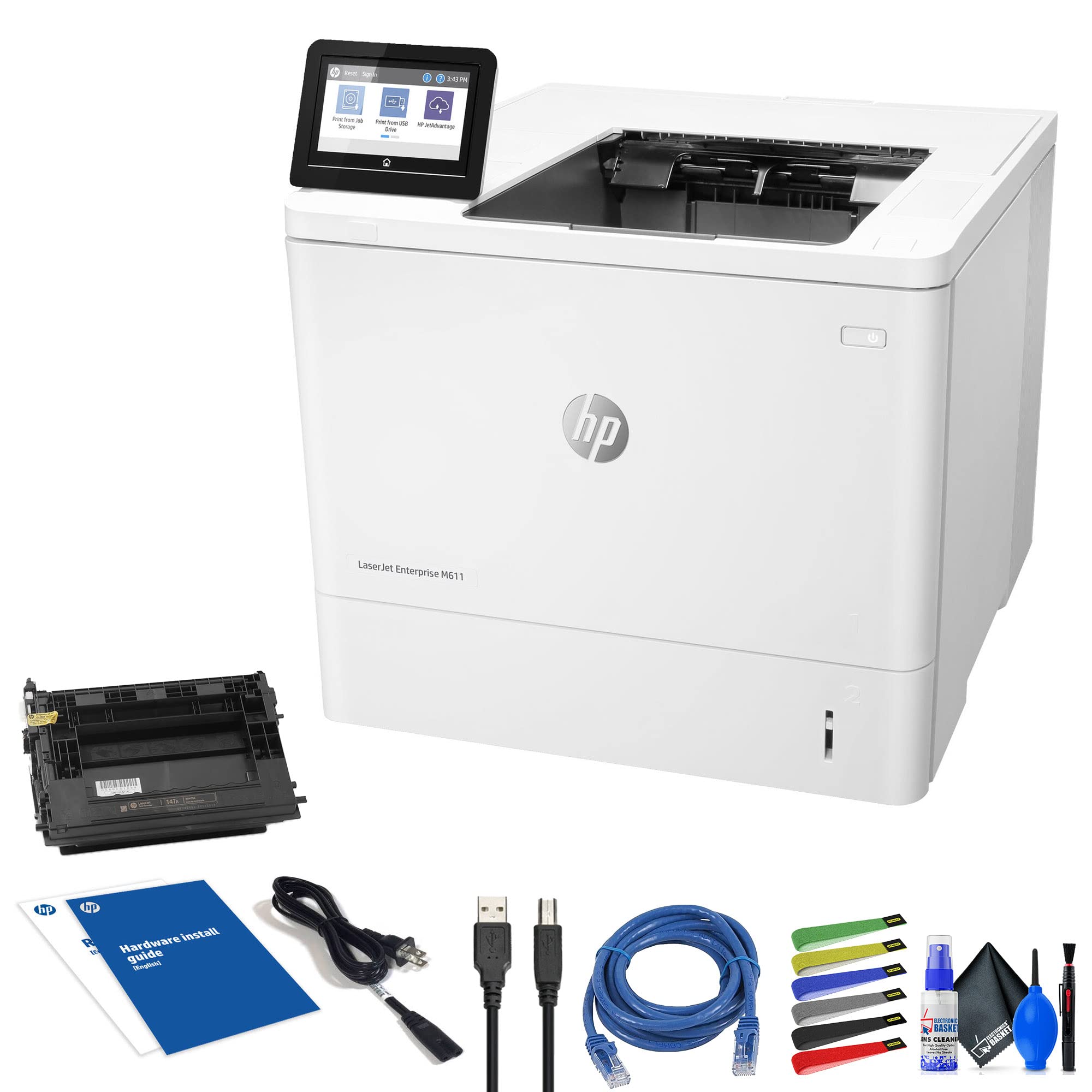 HP M611dn Laserjet Enterprise B & W - Duplex - Printer (7PS84A#BGJ) + USB Printer Cable + Network Cable + Cable Straps + Cleaning Kit + More