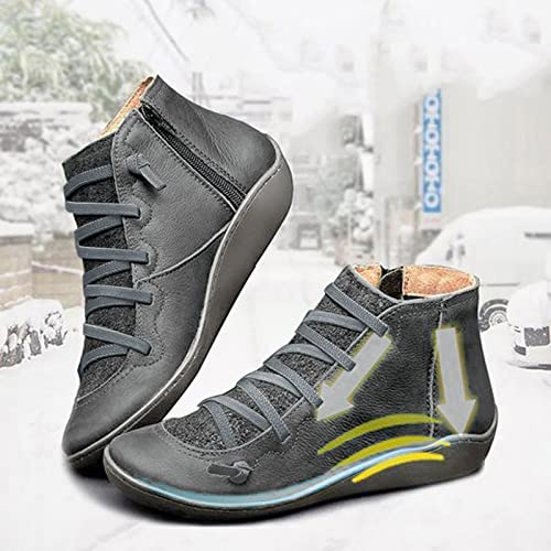 FASDNENDYS Women's Casual Flat Leather Retro Lace-up Boots Side Zipper Round Toe Shoe Boots Women Memory Foam Grey
