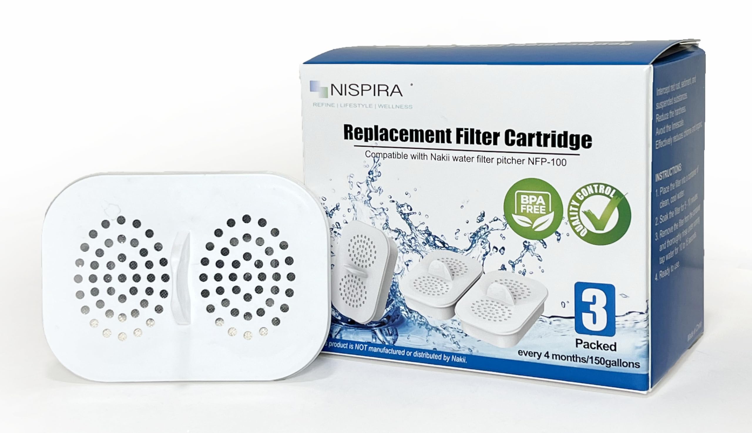 Nispira NFP-100 Filter Replacement for Nakii Water Pitcher Dispenser Removes Chlorine, Lead, Odor, Color Reduce Water Hardness Pack of 3