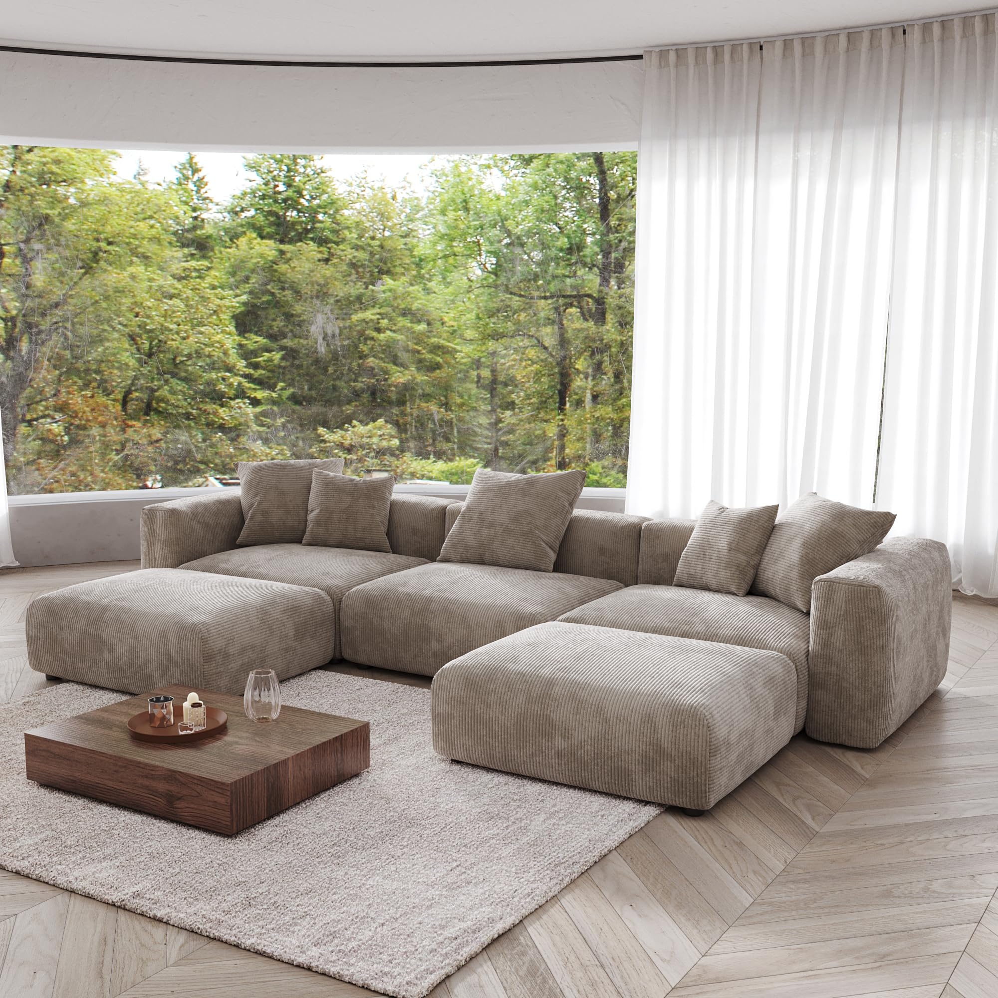 JACH 141" Oversized Modular Sectional Sofa, Deep 3-Seats Sectional Couch with Chaise Ottomans, Huge Plus Convertible Sofas, Corduroy Minimalist Couches for Living Room, Apartment, Light Brown