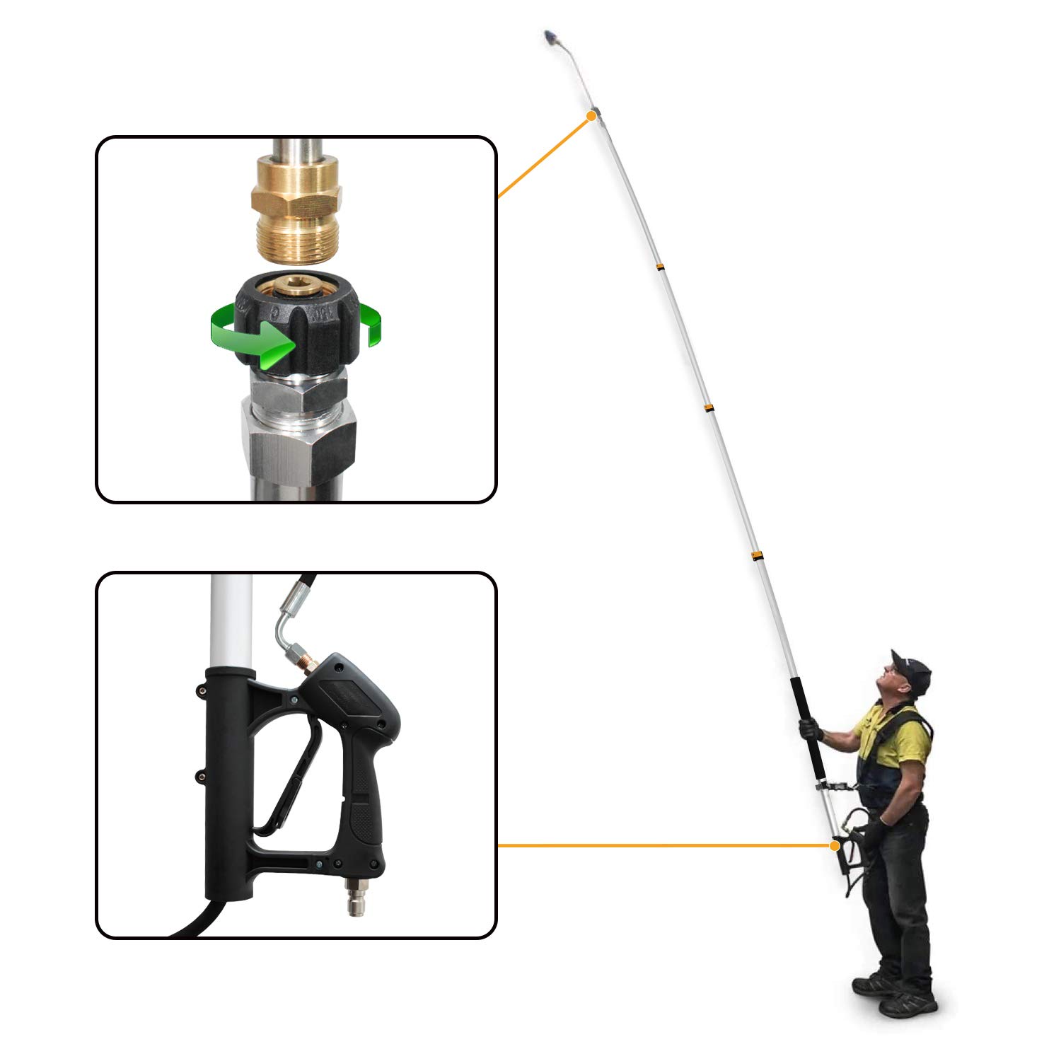 EDOU DIRECT Telescoping Pressure Washer Wand 19' | HEAVY DUTY | 4,000 PSI Max Working Pressure | Includes: 1/4" Quick Connection, 5 Spray Nozzle Tips, 2 Pivoting Couplers, 2 Adapters, Support Harness