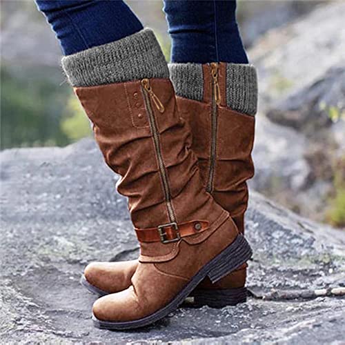 FASDNENDYS Womens Mid Knee High Boots Heels Shoes Boots Low for Women Zipper Boots Boots Dc Womens Snow Boots Brown