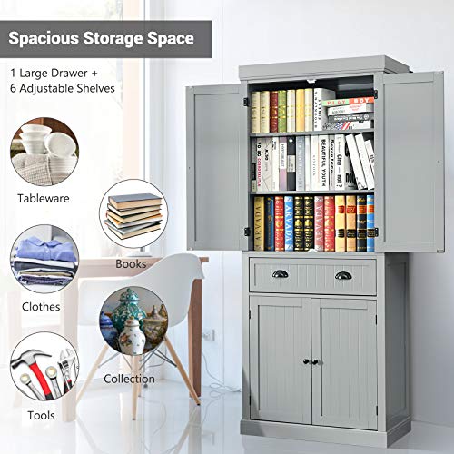 MAT EXPERT Kitchen Pantry Cupboard Cabinet, Freestanding Storage Cabinet w/Drawers & Adjustable Shelves, 4-Door Wooden Storage Organizer for Living Room/Kitchen/Bedroom (Gray)