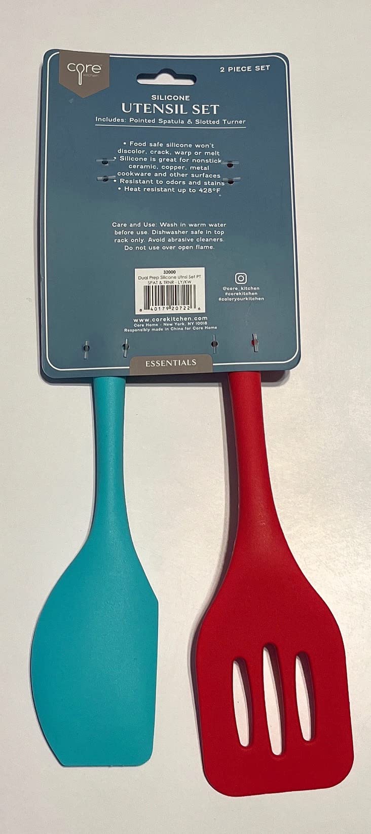 Core Kitchen 2 Piece Silicone Slotted Turner (Red) and Pointed Spatula (Aqua)