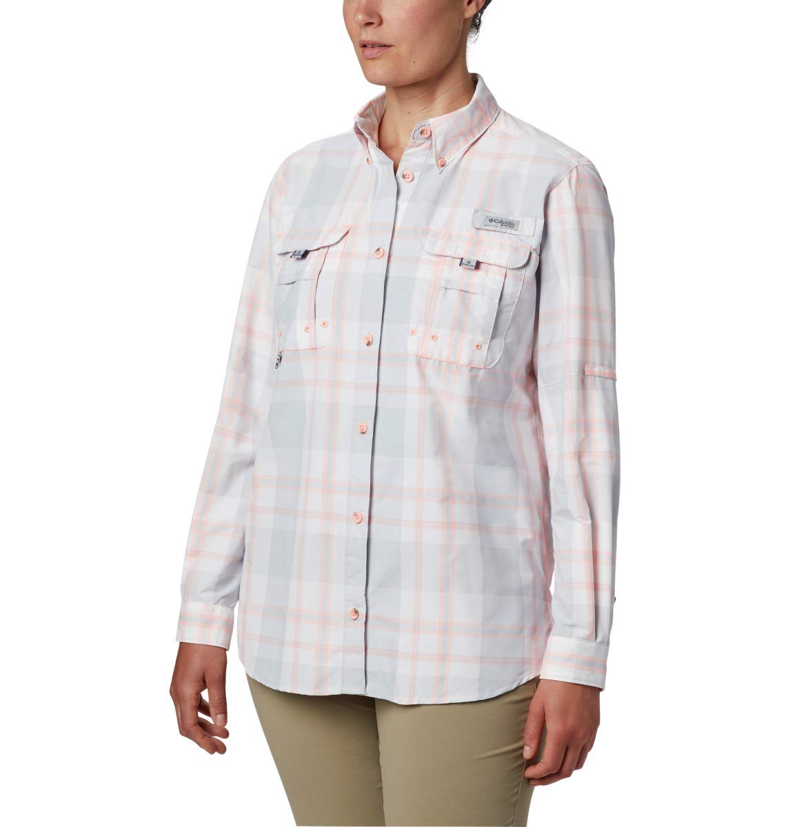 Columbia Women's Standard Super Bahama Long Sleeve Shirt, Tiki Pink Plaid, X-Large