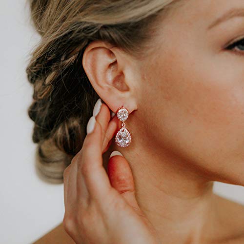 SWEETV Teardrop Dangle Earrings for Brides,Cubic Zirconia Rose Gold Drop Earrings for Women - Prom,Pagegant,Wedding Jewelry