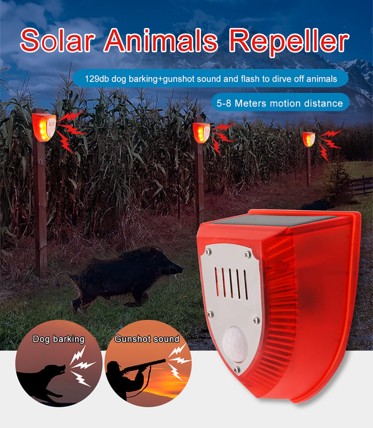 Solar Strobe Alarm Light: Solar Alarm Light with Motion Detector 129db Sound Security Siren Light IP65 Waterproof Outdoor Sensor Alarm for Home, Farm, Barn, Villa, Yard - Solar and DC Charge (1-Pack)
