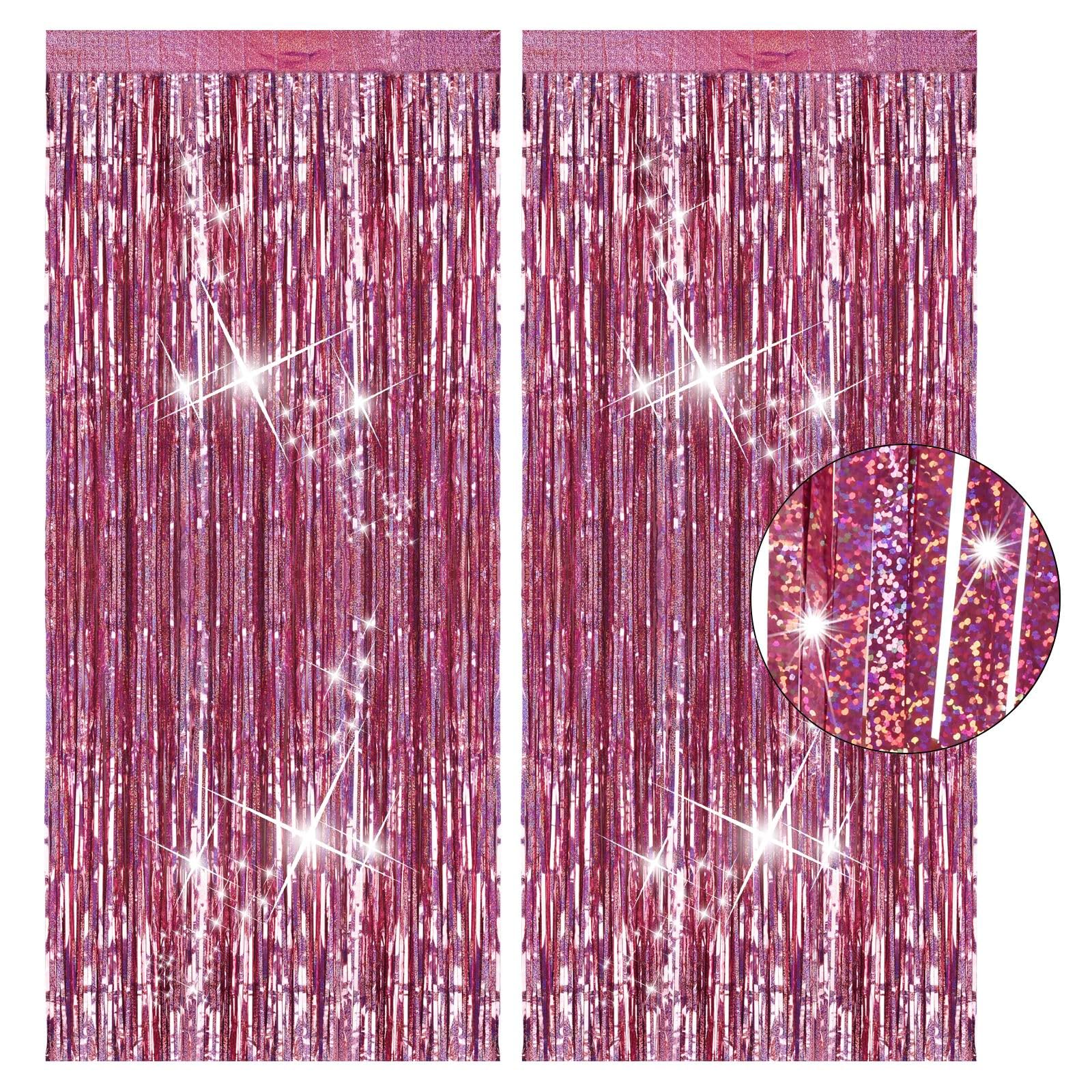 Dorbetar Pink Party Decorations(2 Pack 3.3x8.2 Feet), Irthday Decorations Backdrop, Foil Fringe Curtains Streamers Party Decorations, Tinsel Curtain Fringe Backdrop (Pink)