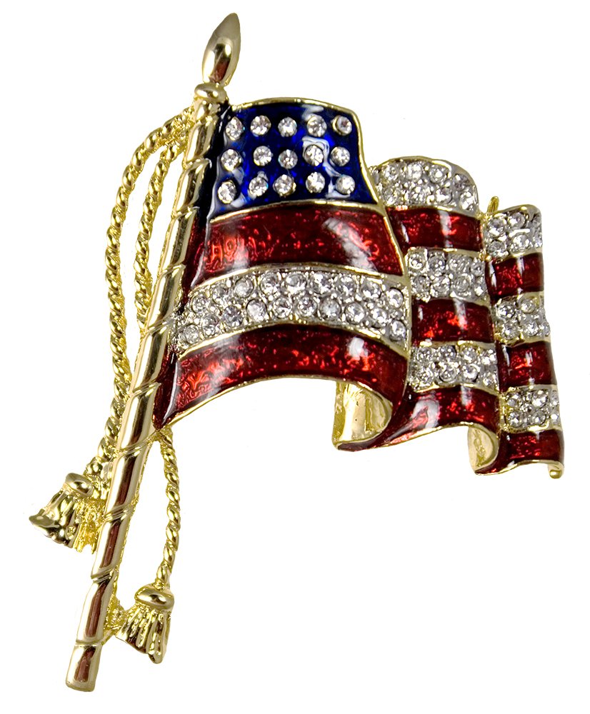 Elegant Waving American Flag Pin/Brooch, Approx. 2", Pin back with safety lock. Gold-plate with red and blue enamel background and diamond-like crystals.