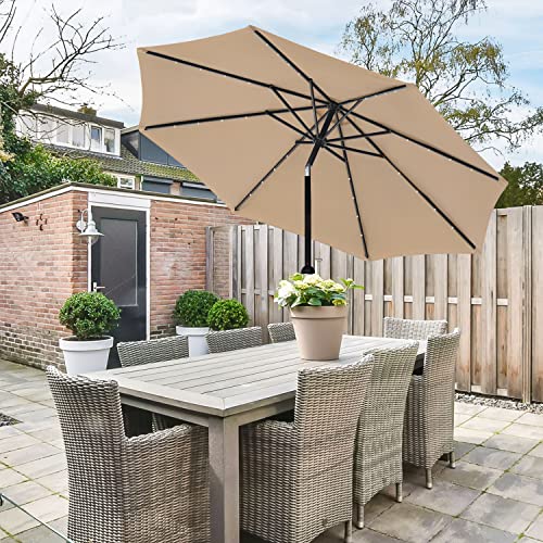 Simple Deluxe 9' Solar Umbrella 32 LED Lighted Patio Umbrella Table Market Umbrella with Push Button Tilt/Crank Outdoor Umbrella for Garden, Deck, Backyard and Pool, Tan