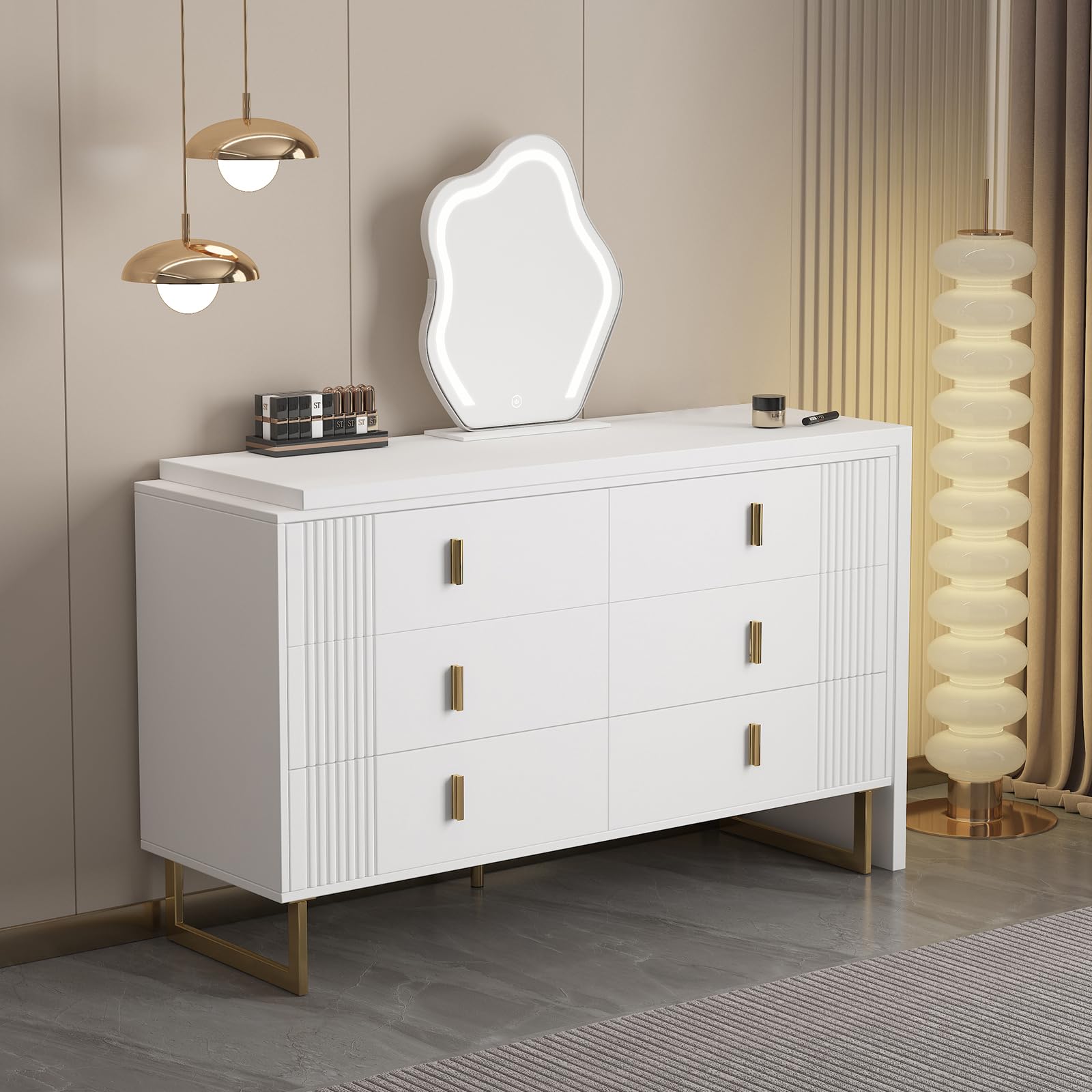 Messenya White Vanity Makeup Mirror Desk with 3-Color Touch Screen Illuminated Lights, Girls vanities Set Table with 6 Drawers and Mirror, Tocador de Maquillaje para Mujer, Dressing Table (S-102)