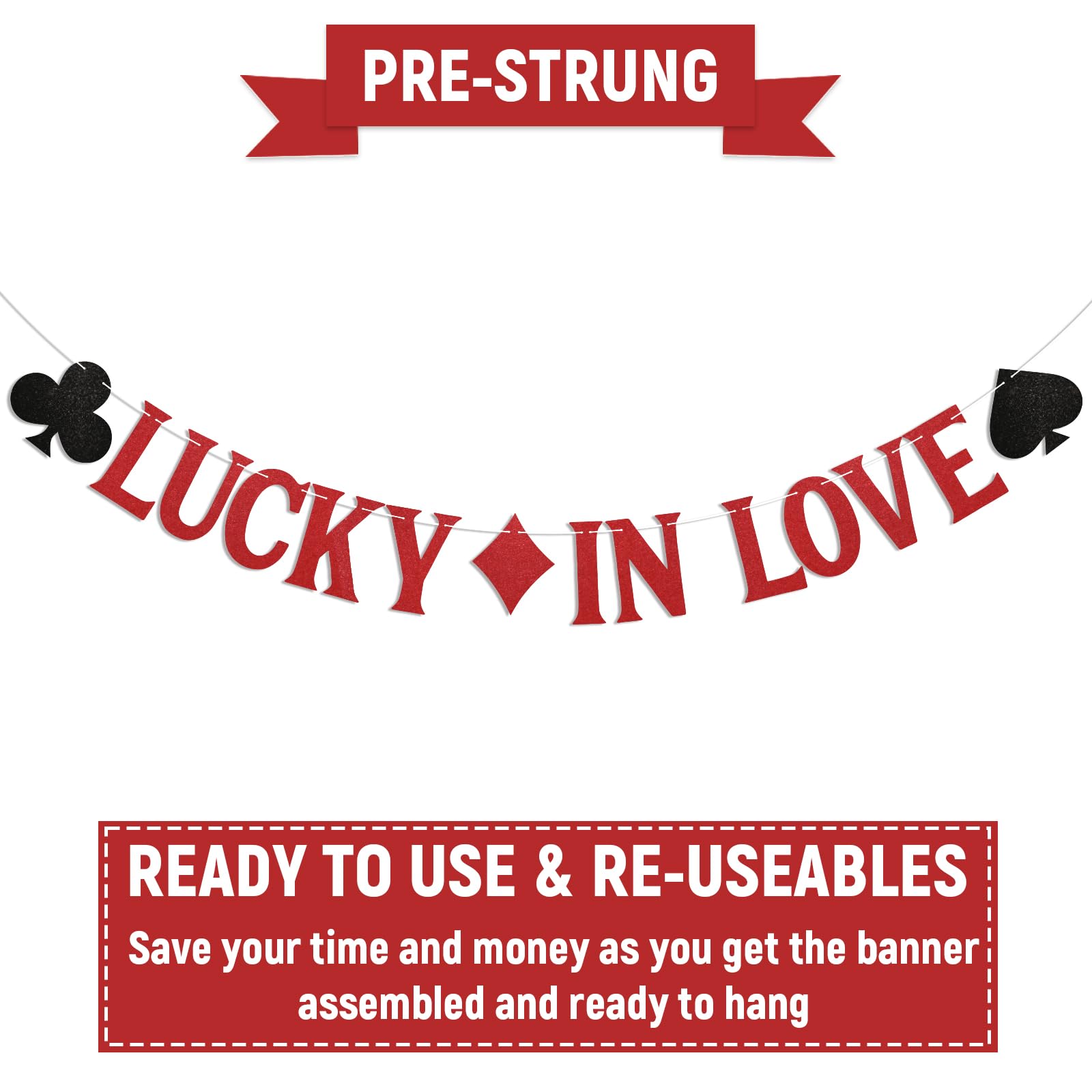 Lucky in Love Banner - Las Vegas Bridal Shower Decor, Casino Theme Blackjack Game Night Wedding Engagement Bachelorette Party Decorations Red Glitter