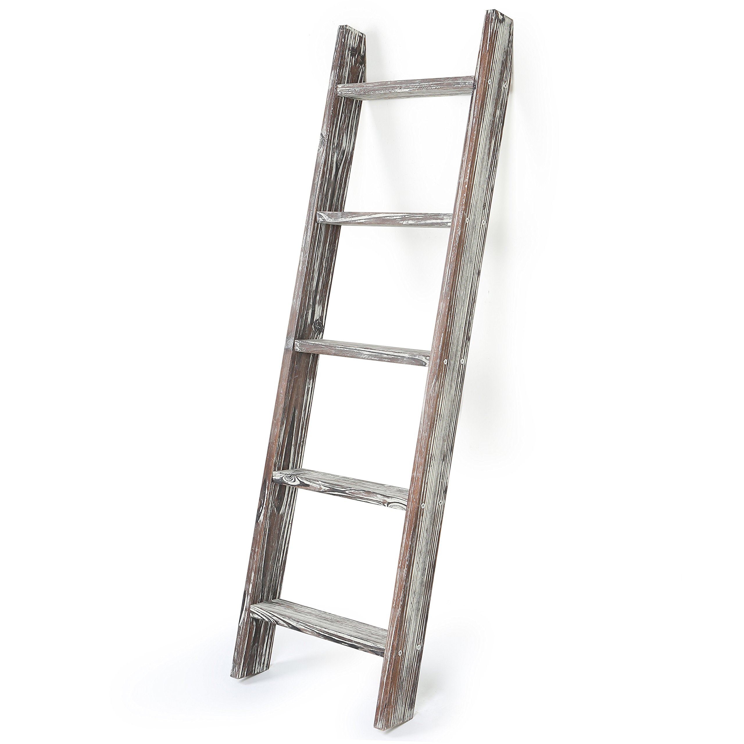 MyGift Torched Brown Wood Decorative Ladder Shelf, 4.5 Foot Wall Leaning Wooden Towel Blanket Ladder Storage Rack for Bathroom or Living Room