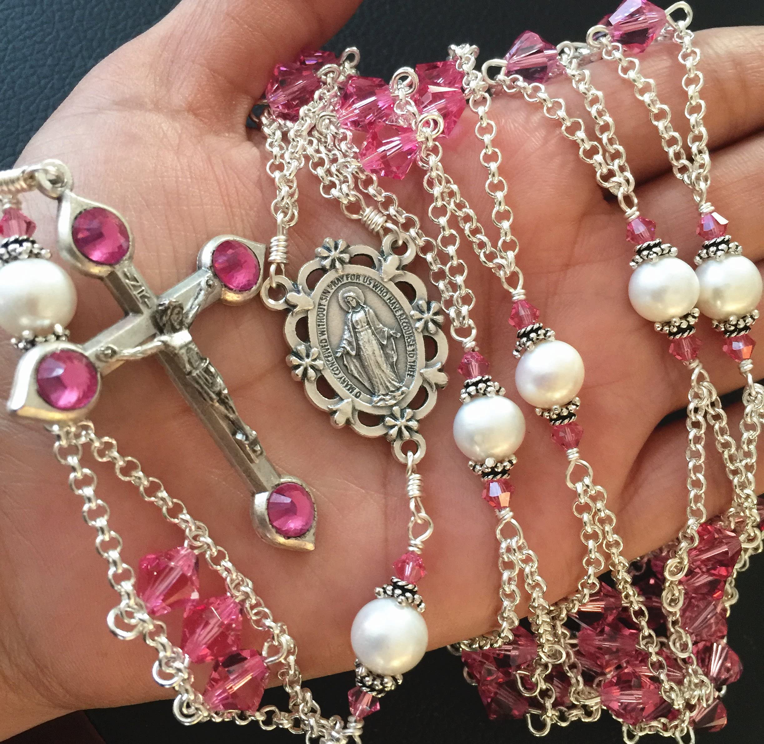 elegantmedical Ladder to Heaven Rose Pink Crystal & AAA10MM Real Pearl BEADS CATHOLIC ROSARY CROSS NECKLACE Sterling Silver beads caps