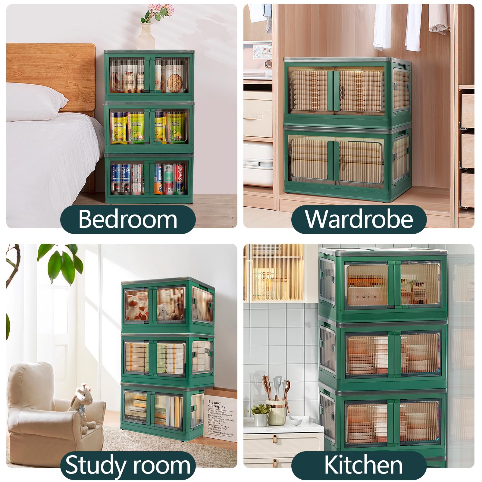NOCCUR 3 Pack American Style Collapsible Storage Boxes, 14.5Gal Green Plastic Storage Bins with Lids and Doors, for Bedroom, Living Room