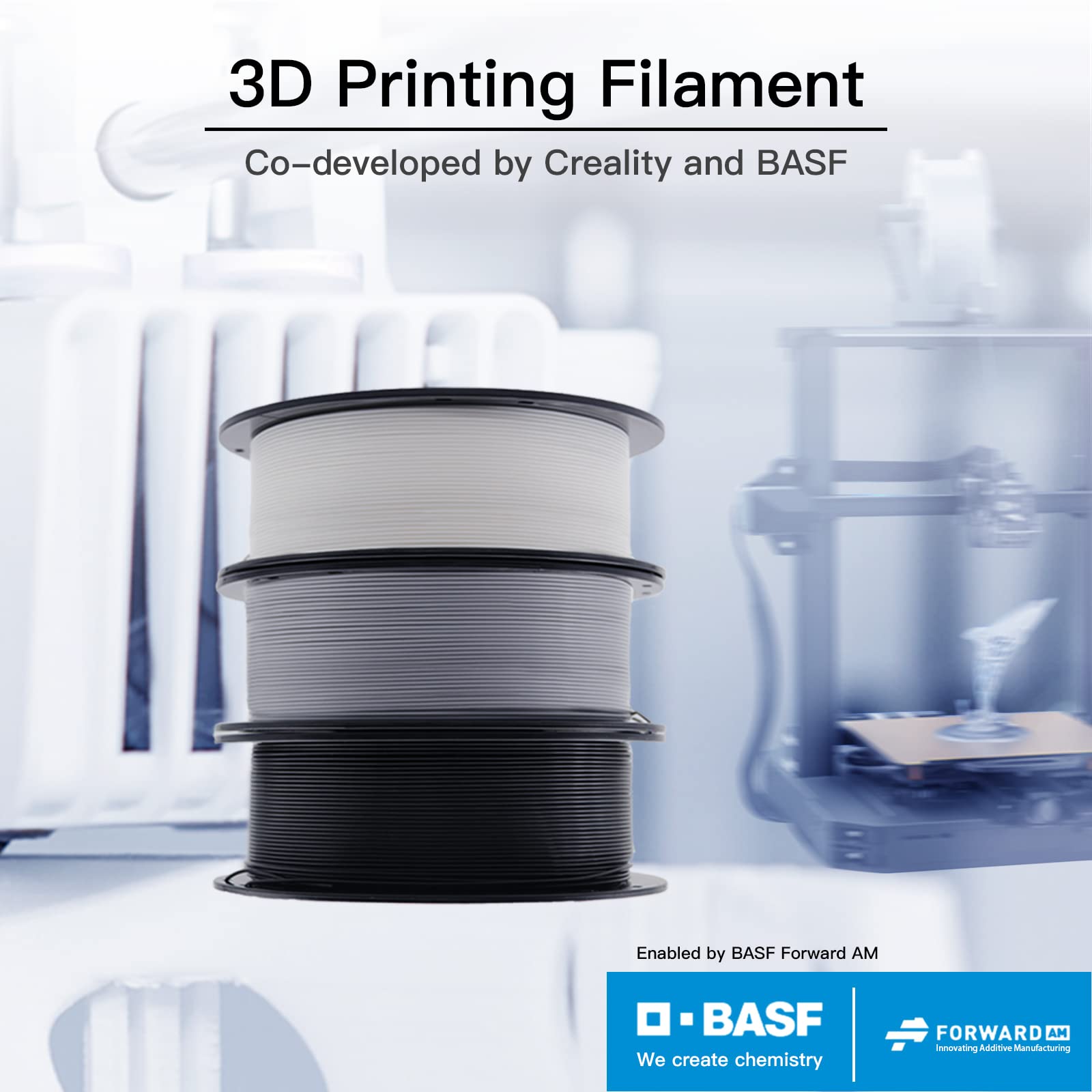 Creality 3D Printer PLA Filament Bundle, 3KG(3.3lbs) Spool, PLA Filament 1.75mm, 3D Printer BASF PLA Filament Bundle, White+Black+Grey