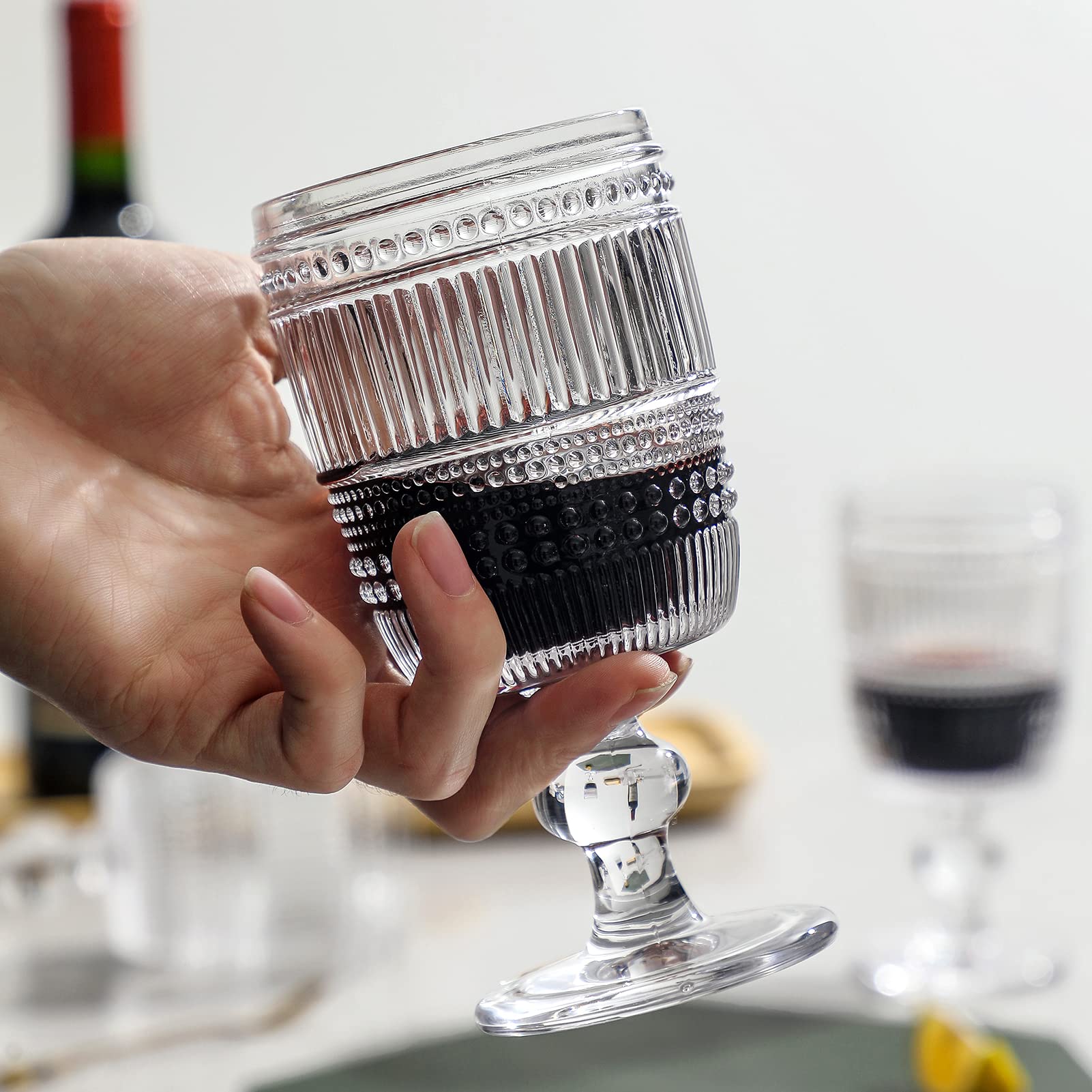 G Pearl and Ribbed Vintage Goblets, Iced Tea Goblets 10.5 oz. set of 6 Water Goblets Beverage Glass Set for Wine Soda Juice Drinking Glass with Stem, Perfect for Dinner Parties Bars Restaurants