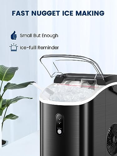 Kndko Nugget Ice Maker with Handle,33lbs/Day, Produce a Basket in 1.5 Hour, Self-Cleaning, One-Click Design, Compact Ice Maker Nugget with Chewy Ice for Home Bar Party,Black