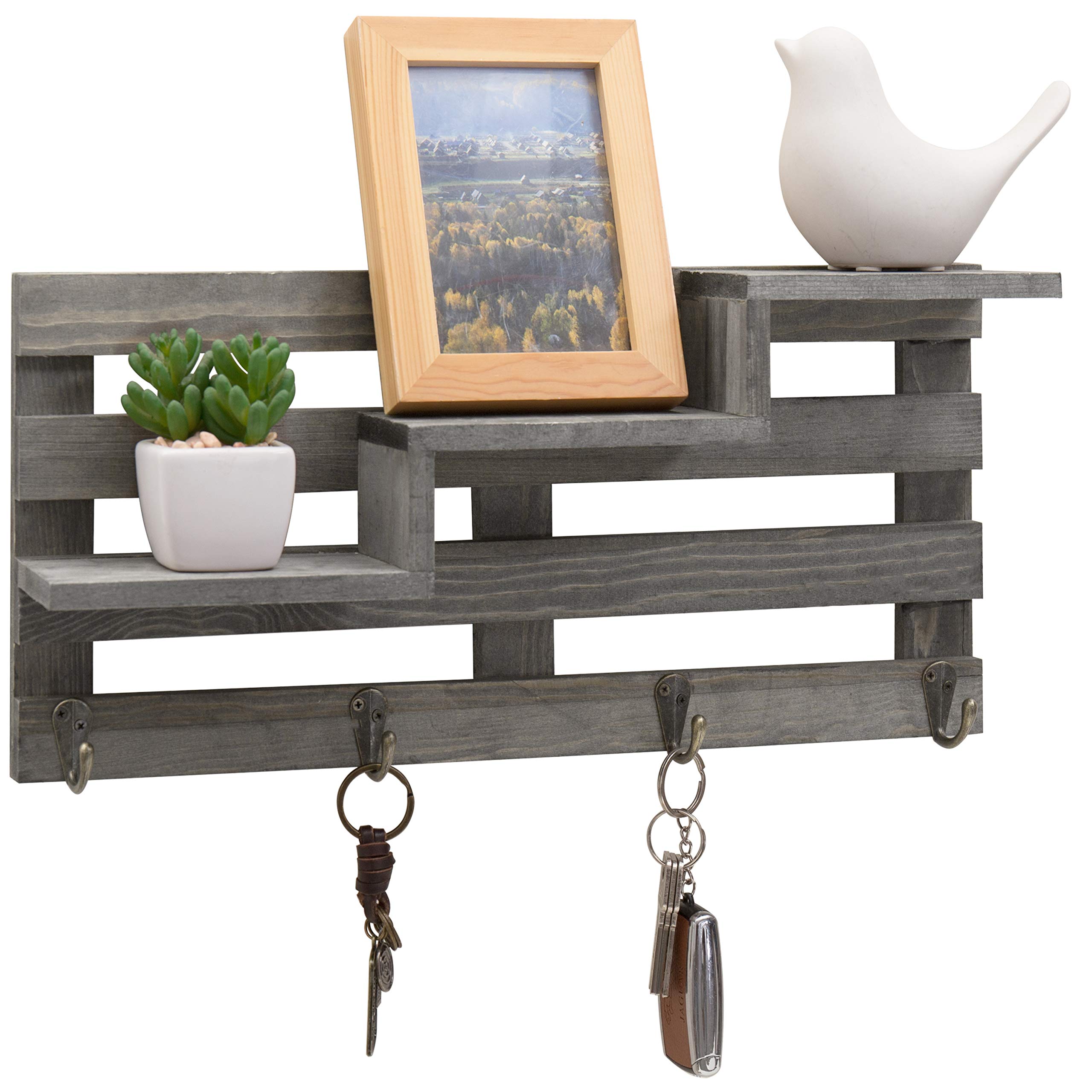 MyGift Wall Mounted Vintage Gray Wood Entryway Key Holder Rack and Wall Decor with 3 Tier Stair Display Shelf