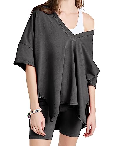 TIQOJE Womens Workout Set 2 Piece Outfits Oversized V Neck T Shirt Biker Shorts Reversible Set(-Darkgrey01-Medium)