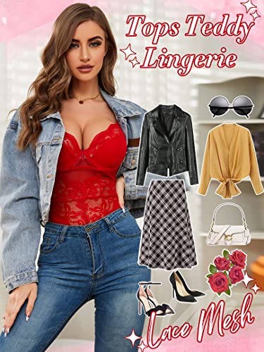 popiv Women Lace Bodysuit Sexy Mesh Teddy Lingerie Cami Bustier Tops Going Out Tank Top