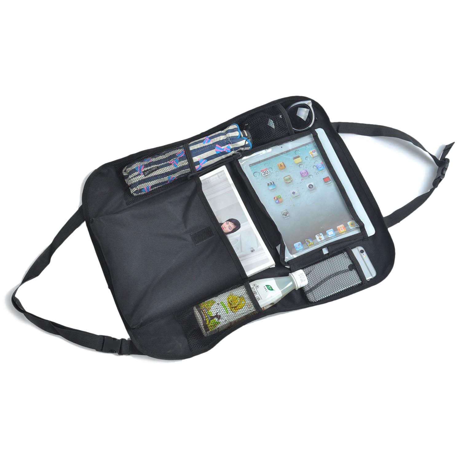 CoreLife Car Organizer Back Seat Travel Storage with Cup Holders & Tablet Pouch Kick Mats