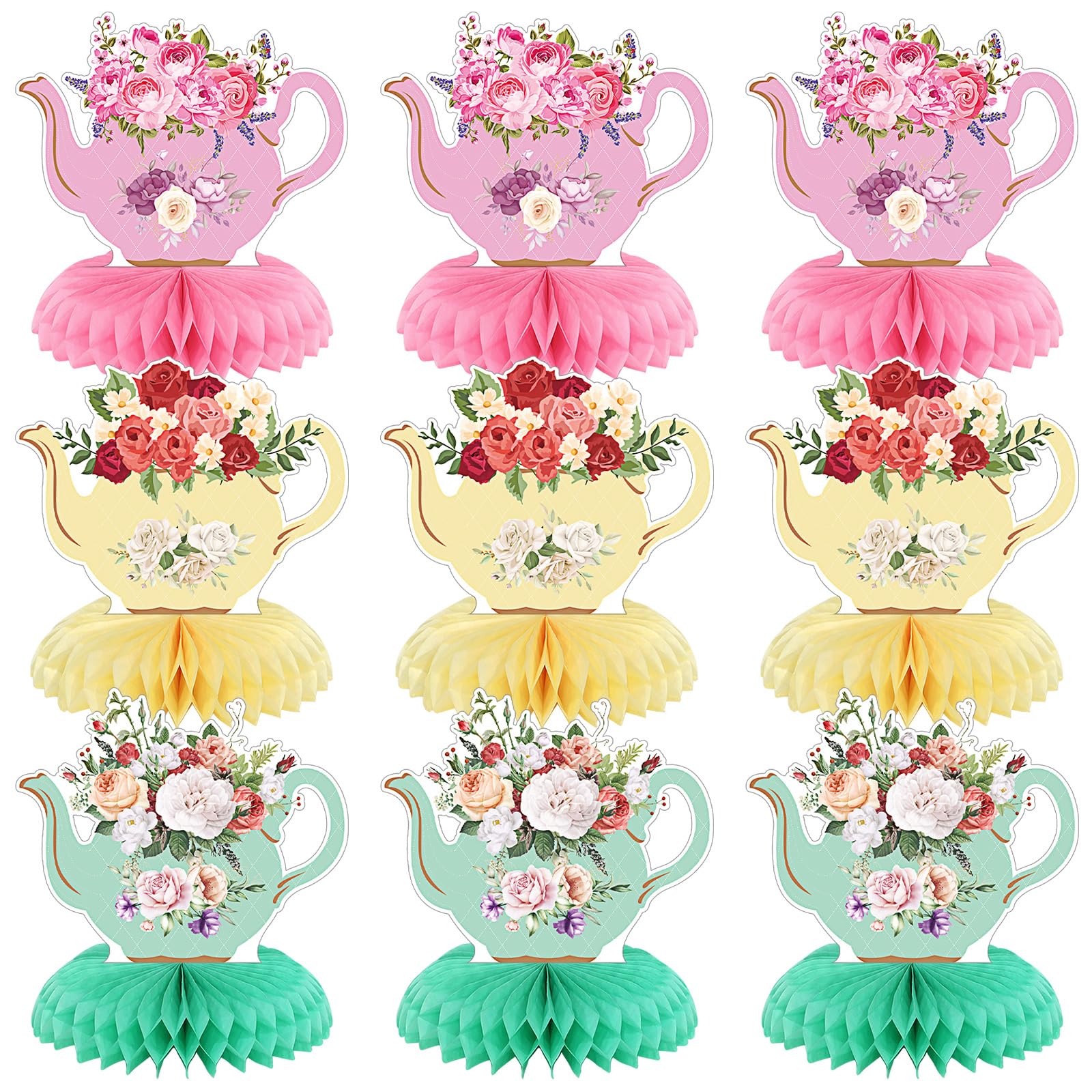 Jexine 9 Pcs Tea Party Centerpieces for Tables Princess Party Floral Teapot Honeycomb Decorations Tea Party Table Decor Teapot Decors for Summer Birthday Baby Shower Wedding Supplies (Classic Style)