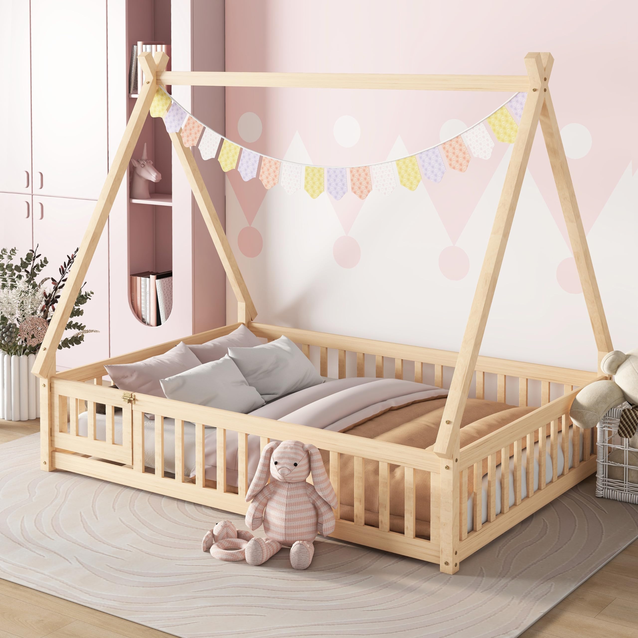 Mirightone Tent Floor Bed for Kids Full Size Montessori Floor Bed with Slats and Guardrails Wood Teepee Bed Frame with Fence and Door for Boys Girls, Natural