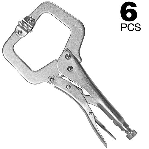 KEILEOHO 6 Pack 11 Inches C Clamp Locking Pliers with Swivel Pads, Heavy-Duty Locking Pliers, Woodworking Clamps Set, Adjustable Nickel Plated C Pliers