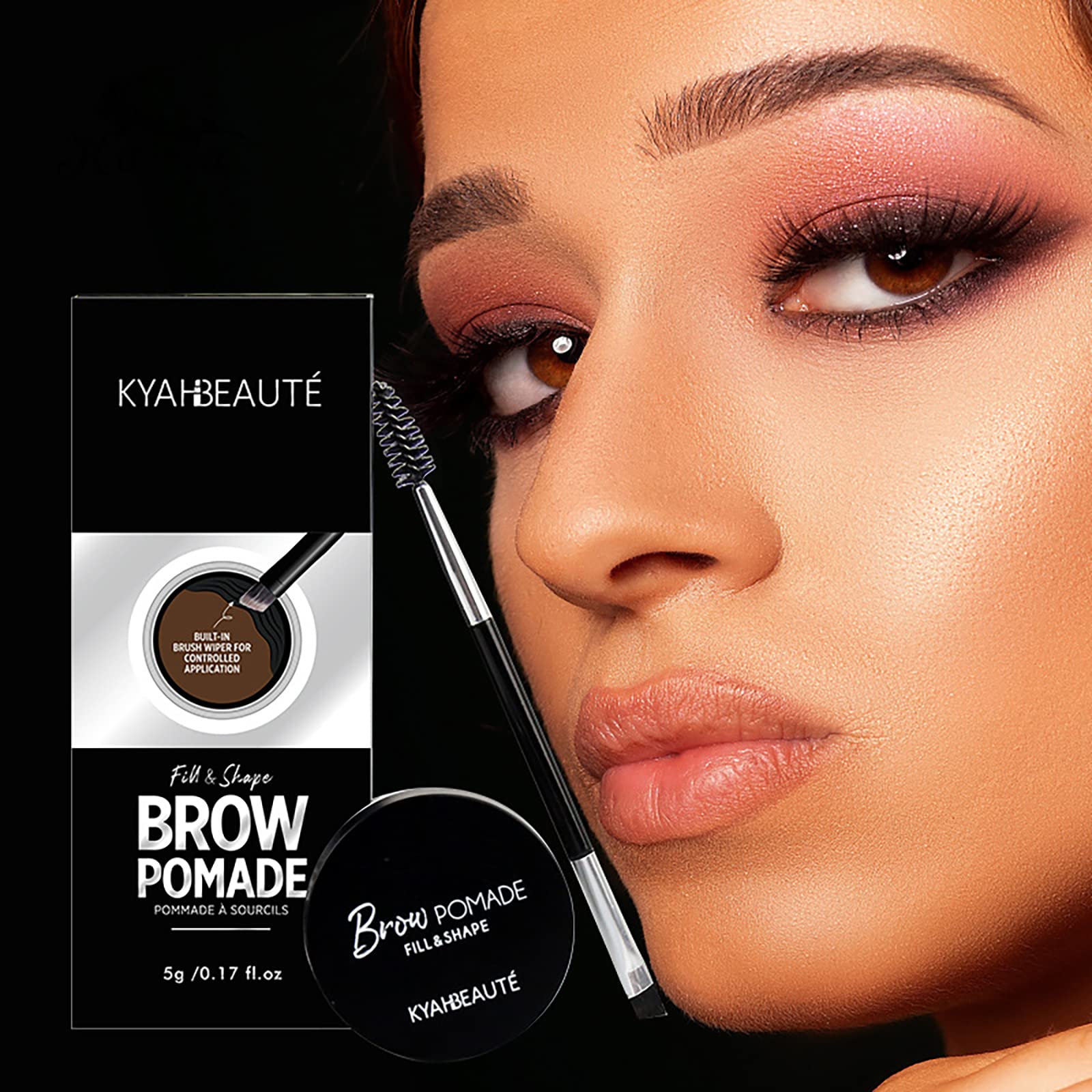Fill and Frame Eyebrow Pomade Kit, Long Lasting and Waterproof Eyebrow Gel Makeup Set with Dual-ended Brush and Brow Trimmer, Tinted Eyebrow Cream for Delicate and Smooth Brow, 5g/0.17oz (Ebony)