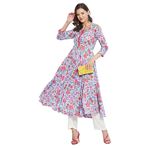 Tissu Women's Rayon Light Blue & Pink Printed A-Line Kurta 2156_Light Blue_XS