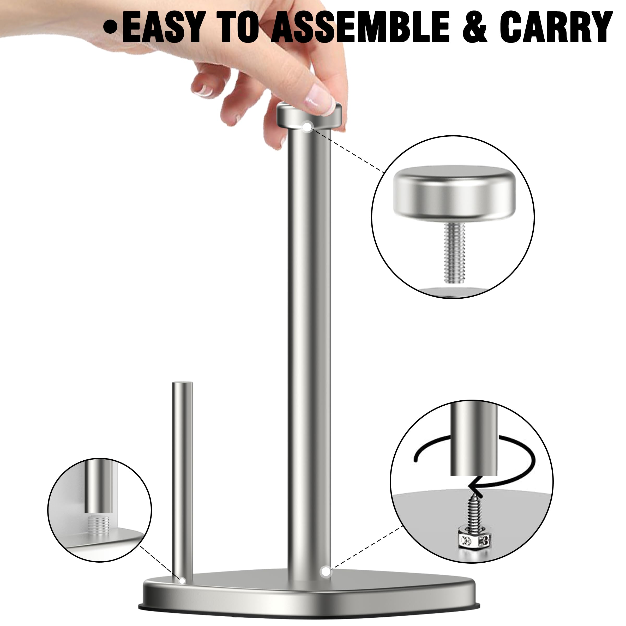 MIROAMZ Paper Towel Holder Countertop, Standing Paper Towel Roll Holder for Kitchen Bathroom Organize, Stand with Weighted Base Suction Cups, Stainless Steel One-Handed Operation (Brushed Nickel)