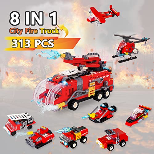 Geniteen 8 in 1 City Fire Truck Building Block, 313 PCS Building Kit Fire Helicopter Toys Building Sets