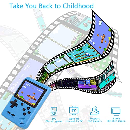 Tlsdosp Handheld Game Console, Portable Retro Video Game Console 500 Classic FC Games, Large Battery Capacity of 1020mAh, Support Rechargeable and Connect to TV for Two People to Play Together (Blue)