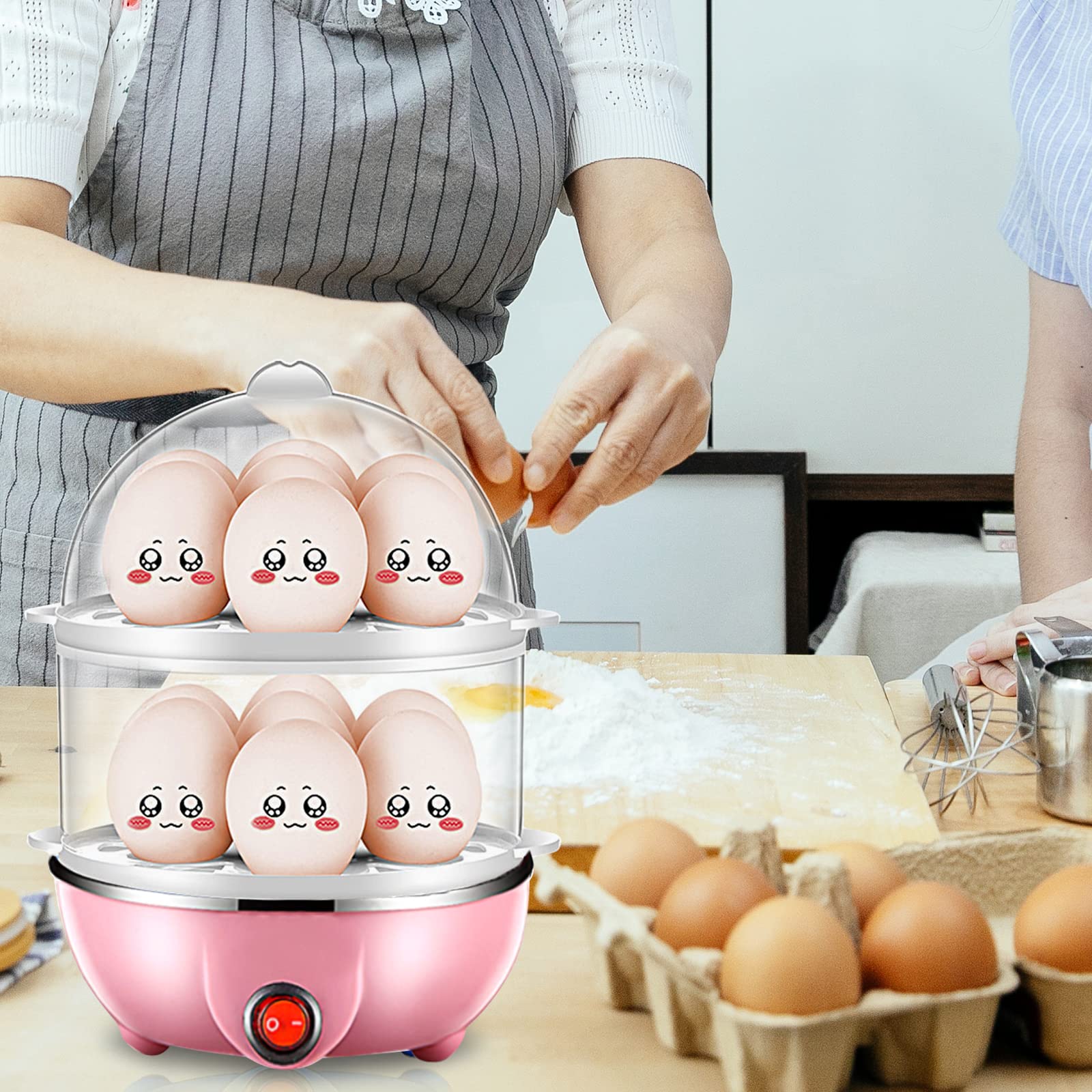 Egg Cooker, Decdeal Double Layer Egg Boiler 14 Egg Capacity, Hard Boiled Egg Cooker Anti-dry Electric Food Steamer with 40mL Measuring Cup